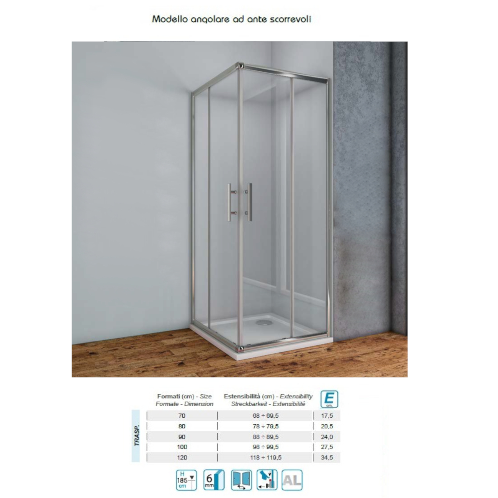 Box doccia 70x90 cm apertura angolare con cristallo trasparente da 6 mm ...